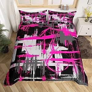 Feelyou Hot Pink Black Grey Bedding Set Queen Size Kids Abstract Art Comforter Cover Set for Boys Teens Modern Striped Art Duvet Cover Breathable Geometric Bedspread Cover Room Decor Quilt Cover