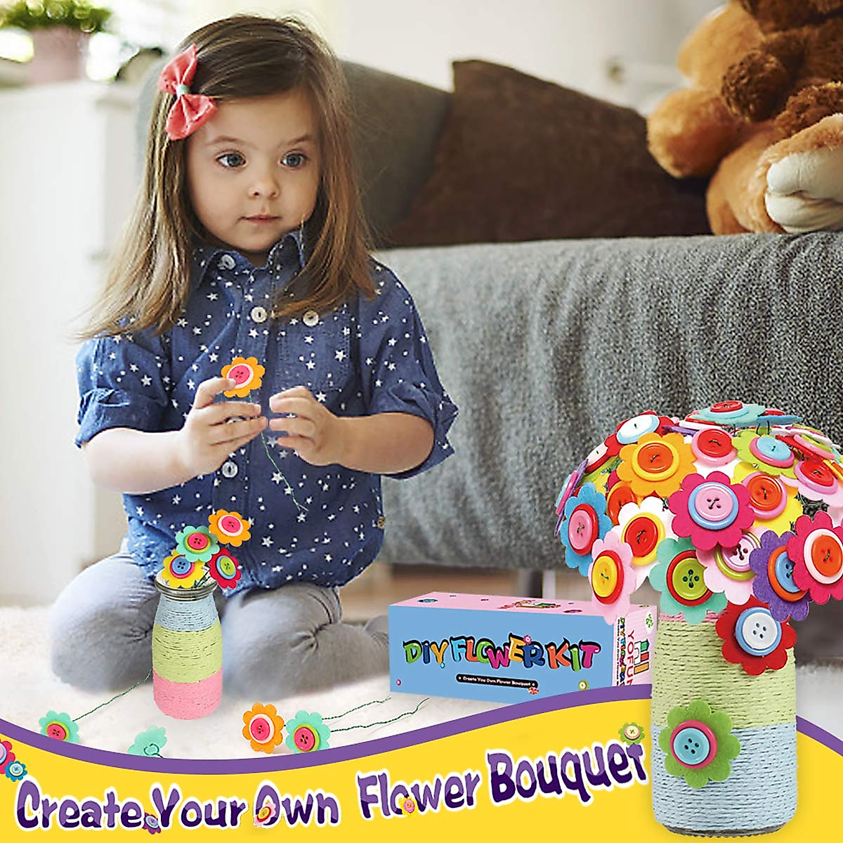 YOFUN Flower Craft Kit for Kids - Make Your Own Flower Bouquet with Buttons and Felt Flowers, Vase Art Toy & Craft Project for Children, DIY Activity Gift for Boys & Girls Age 4 5 6 7 8 9 Year Old