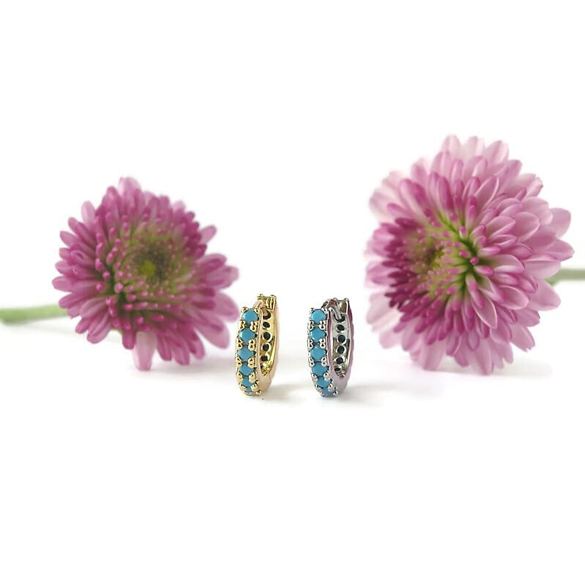 Tiny Double Sided Turquoise 8MM Huggie Hoops Handcrafted In USA Ship Within 24 hours