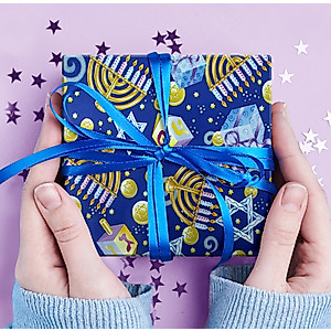 Designer Greetings Glitterwrap™ Hanukkah Gift Wrap – Dreidels, Star of David, Menorahs, Coins and Blue Striped Pattern (4 Rolls/Designs Per Pack, 30” x 192”, 40 Sq. Ft.)