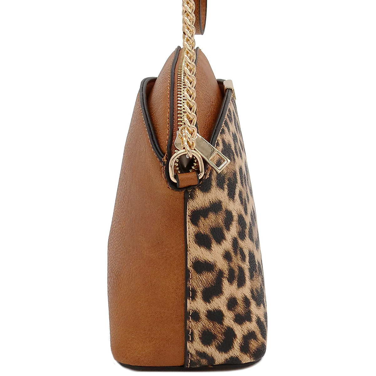 FashionPuzzle Leopard Print Small Dome Crossbody with Chain Strap (Classic Tan/Tan)
