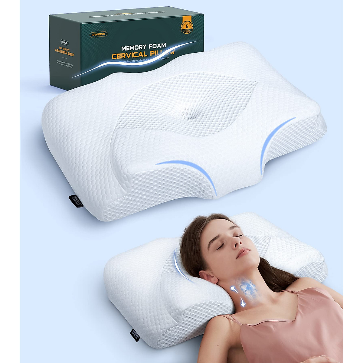 Famedio Adjustable Cervical Pillow for Neck Pain Relief, Hollow Bed Memory Foam Plus Support, Odorless Orthopedic Bed Pillows for Sleeping, Shoulder Pillow for Side Back Stomach Sleeper