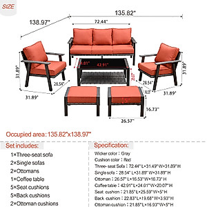 ovios Patio Furniture Set 6 Pieces All Weather Outdoor Wicker Rattan Sofa Set with Coffee Table Ottomans High Back Sofa Thick Cushion Garden Backyard Porch (Orange Red)