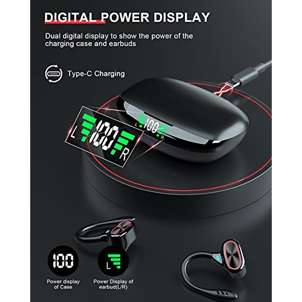 Wireless Earbuds Bluetooth Headphones Touch Control with Charging Case and Earhooks Over Ear IPX7 Waterproof Earphones with Mic,audifonos Bluetooth inalambricos with LED Display Touch Control for Gym