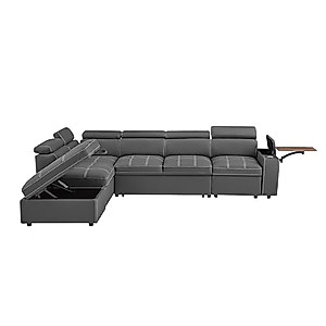 Microfiber Sectional Sleeper Sofa with Pull-Out Bed , 5 Seater Convertible L-Shaped Couch with Adjustable Headrest , Storage Armrest , Ottoman ,Cupholder ,360° Rotated Table ,USB Ports for Living Room