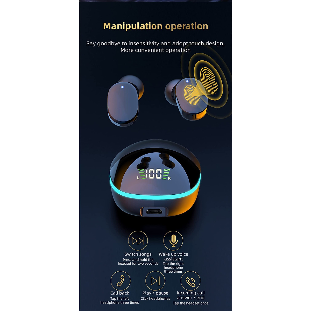 Wireless Headphones, Wireless Bluetooth Headphones, Waterproof Touch Ergonomic Headphones, Surround Sound, Noise Cancellation, Led Display Charging Case, Fast Charging, Anti-Allergic.