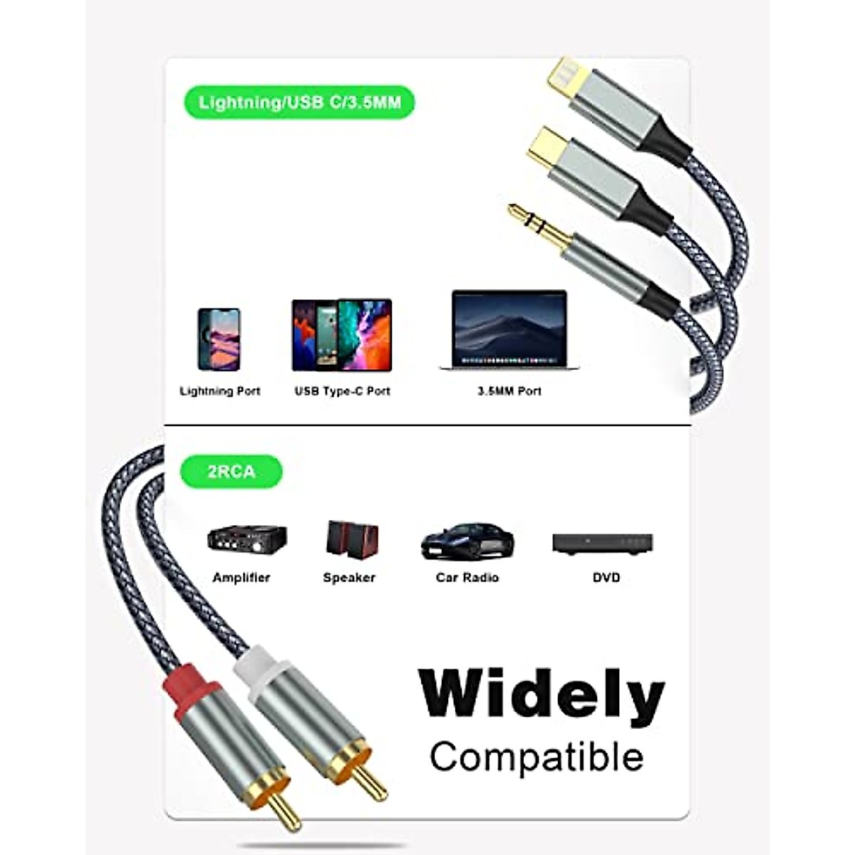 Lightning to RCA Cable Audio Aux Adapter,RCA to 3.5mm Cable，USB C to 2 RCA Audio Cable， (3 in 1 Audio Cable) for Power Amplifier, Car, Home Theater, Speaker and More(Lightning Compatible)（7.55FT