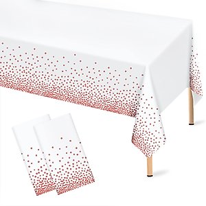 Rose Gold Polka Dot White Tablecloth, 2 Pcs Disposable Plastic Table Cloths, Rose Gold Confetti Table Cover for Birthday Parties Wedding Anniversary Baby Shower Fine Dining Decor 54 × 108 inches