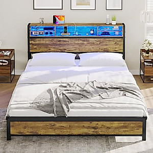 Tiptiper LED Bed Frame Queen Size with Storage Headboard, USB Ports & AC Outlets, Industrial Metal Platform Bed with LED Lights, No Box Spring Needed, Rustic Brown