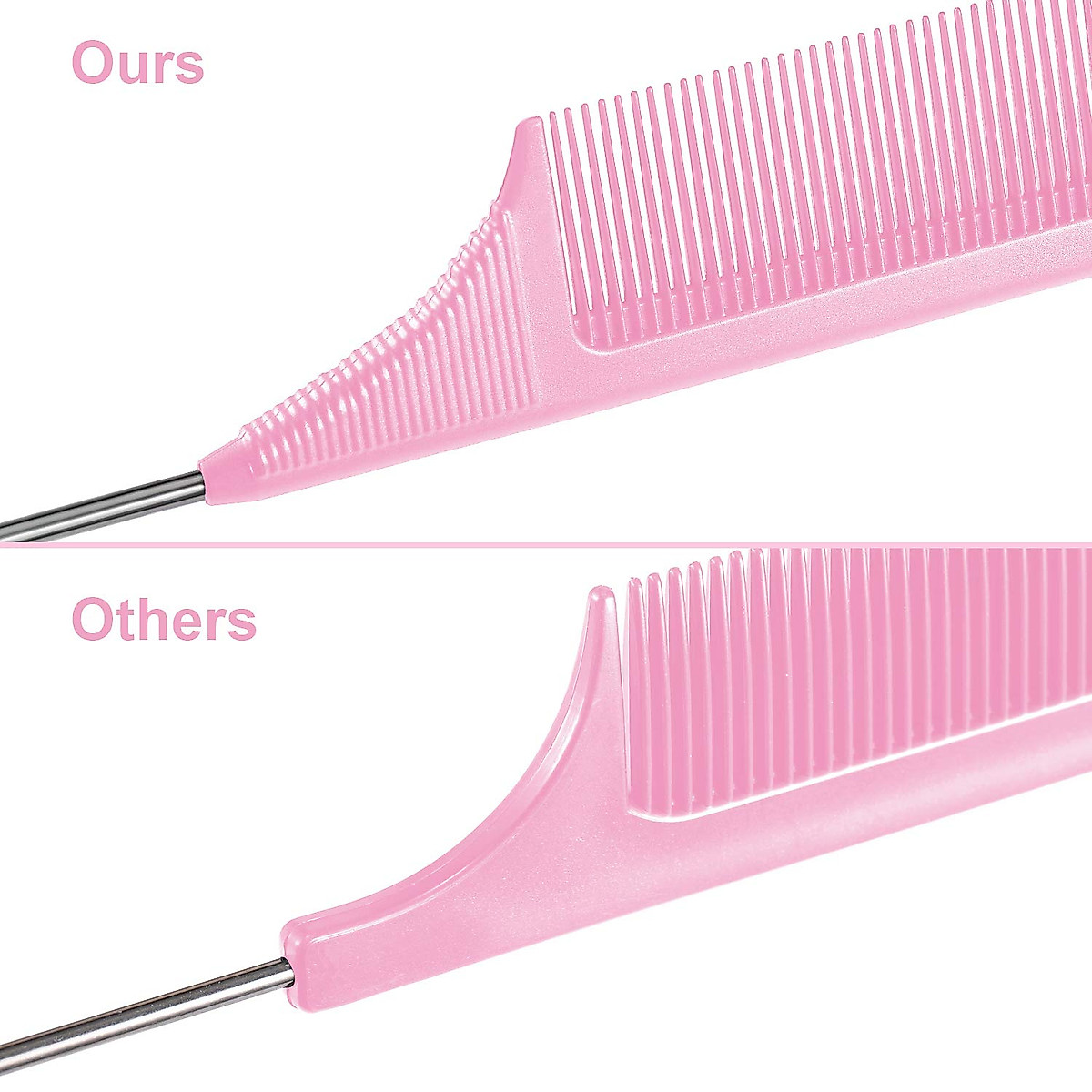 3 Packs Rat Tail Comb Steel Pin Rat Tail Carbon Fiber Heat Resistant Teasing Combs with Stainless Steel Pintail (Pink)