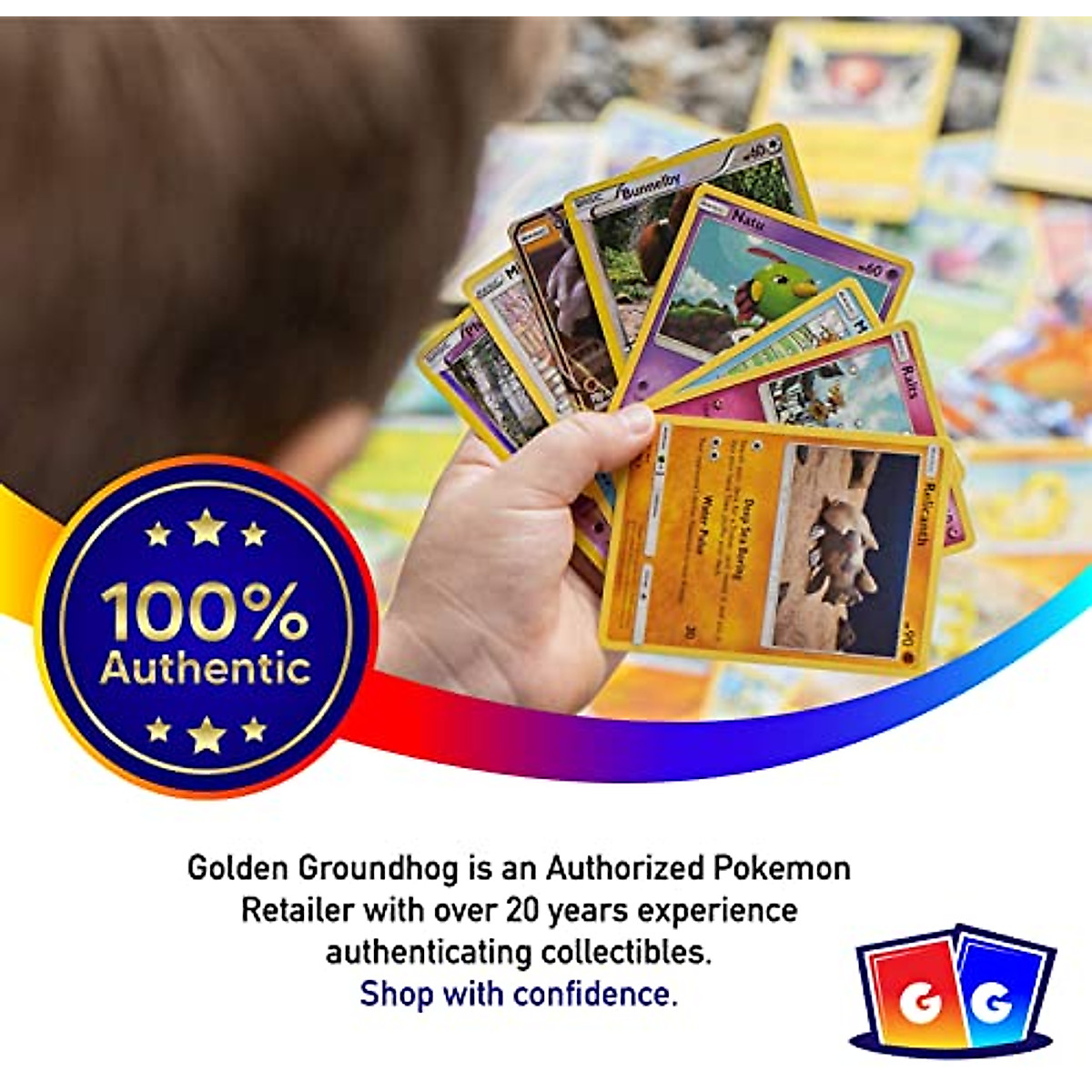 Holo Rare Card Bundle | 100+ Authentic Cards | Bonus 5 Rare Cards | Plus 5 Holo Rares or Reverse Holos | GG Deck Box Compatible with Pokemon Cards