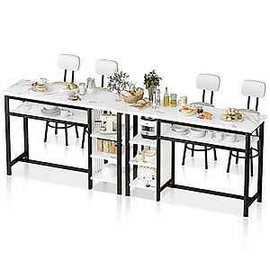 AWQM 3-Piece Bar Table and Chairs Set, Modern White Faux Marble Table with 2 PU Cushion Bar Stools, Kitchen Counter with 3 Tier Storage Shelves, Space Saving Table for Home & Kitchen, Black Frame