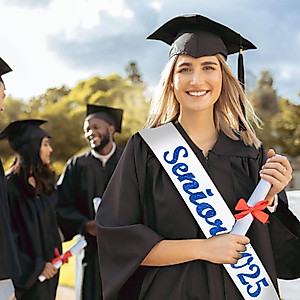 Generic Senior Sash 2025, Graduation Sash White with Blue Glitter Letter, Finally Graduated, Class of 2025 Sash for Graduation Party, Cheerleader Party Celebration Decorations