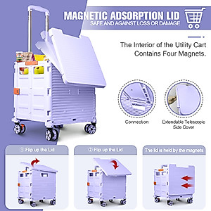 Foldable Utility Cart Folding Portable Rolling Crate with Magnetic Extended Lid,360°Rotate Wheels,176LBS Load Capacity,Heavy Duty Durable Dolly Cart for Teacher Tourist Shopping Office Outdoor Purple