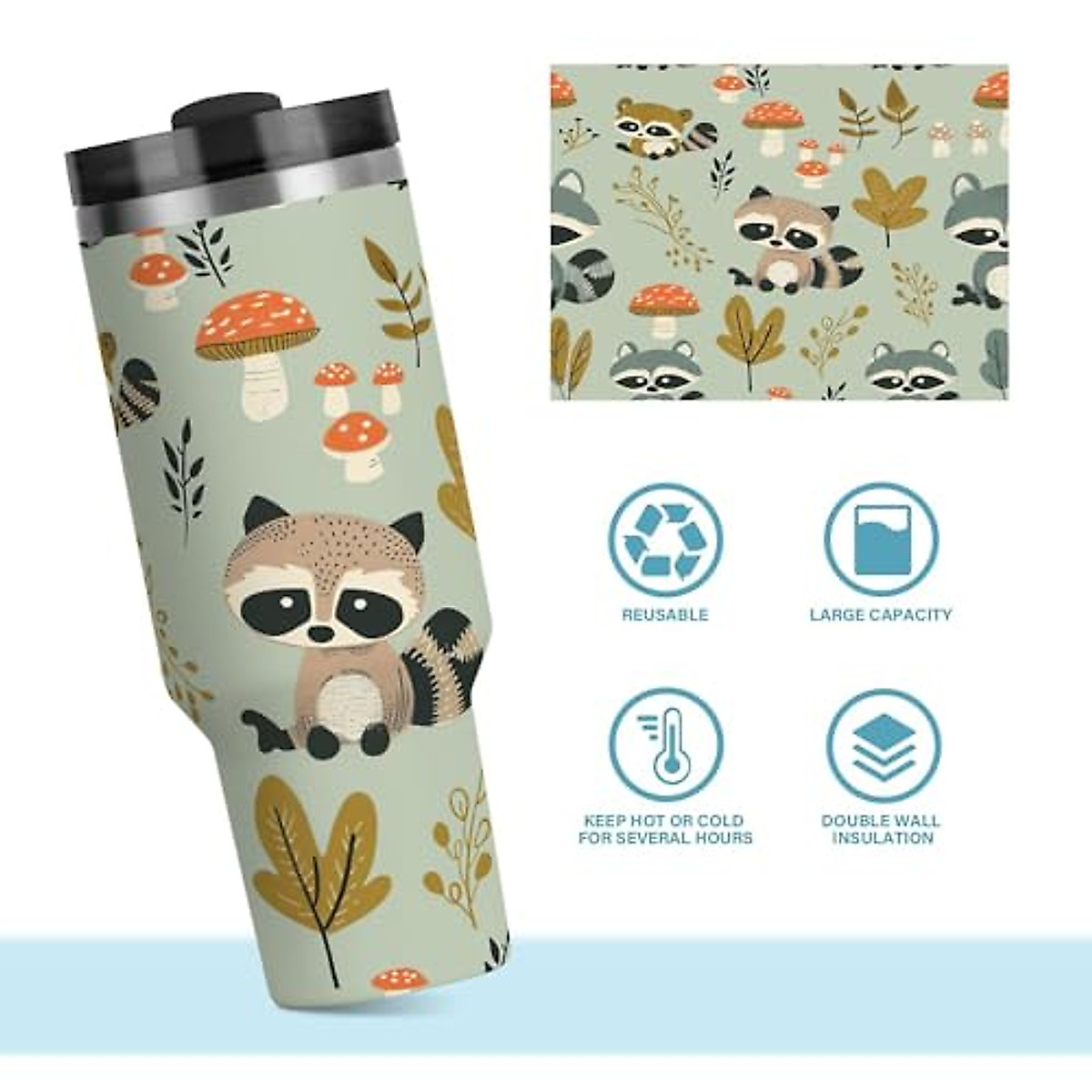 FRCSDIY Cartoon Raccoon Insulated Tumbler with Handle and Straw Lid,40oz Leakproof Stainless Steel Cup BPA-Free Water Bottle