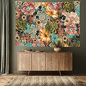 chiinvent Colorful Floral Tapestry Boho Flower Wall Hanging Multi Color Bohemian Flowers Plant Tapestries Botanical Nature Scenery Aesthetic Tapestry Decor for Bedroom Home Party, 59.1" x 82.7"