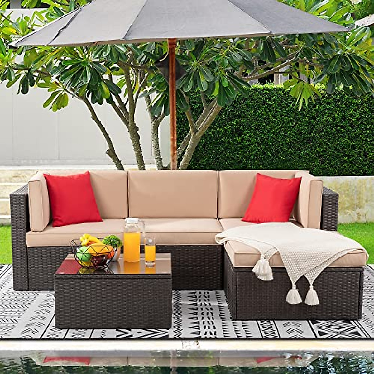 Shintenchi 5 Pieces Patio Furniture Sets Outdoor All-Weather Sectional Patio Sofa Set PE Rattan Manual Weaving Wicker Patio Conversation Set with Glass Table&Ottoman Cushion and Red Pillows