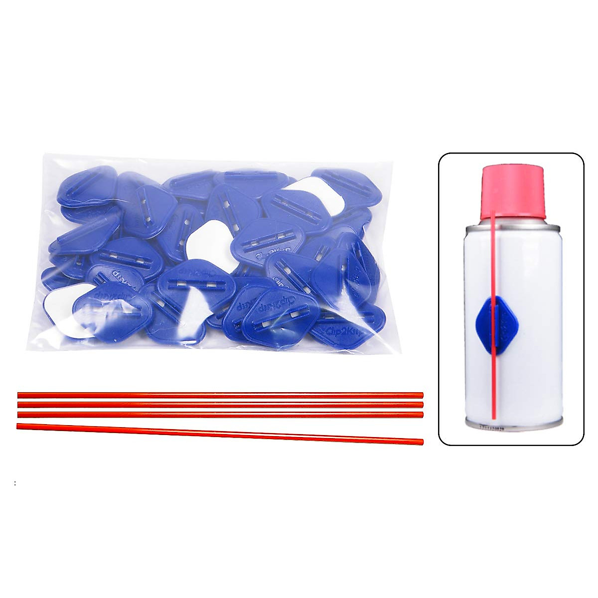 Clip2Keep 30 Aerosol Can Extension Straw Holders With 4 Replacement Red Straws, Spray Can Straw Plastic Clips With Self Adhesive (30 Blue) For Automotive Lubricant, Bike Spray, Contact Cleaner