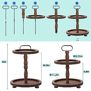 Urban Deco Wooden Decorative Tray Two Tiered Tray Decorations Round Serving Tray with Metal Handle, Wooden Cupcake Stand for Party Tiered Dessert Stand - Dark Brown Farmhouse Wooden Tray