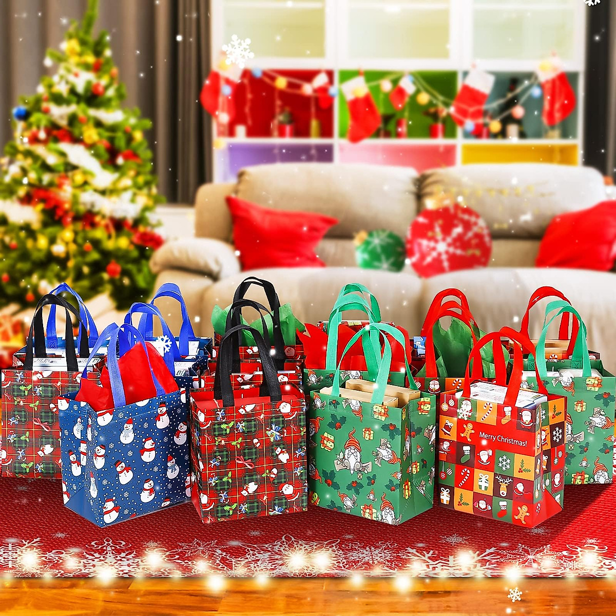 YANGTE 16 Pack Small Christmas Gift Bags with Tissue Paper, Non-Woven Christmas Treat Bags Reusable Tote Bags with Handles for Kids Candy Goodie Bags Christmas Bags Xmas Party Favors