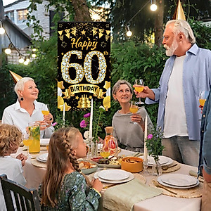 60th Birthday Decorations Door Banner Sign for Men Women, Happy 60 Birthday Door Hanging Party Supplies, Black Gold Sixty Year Old Bday Wall Hanger Decor