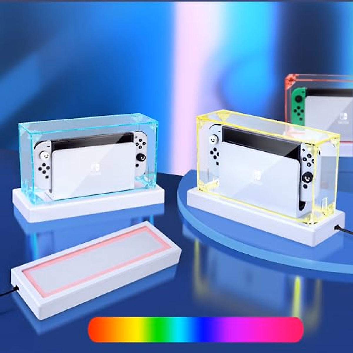 Fwieurow Upgraded Dust Cover, 16 Led Color Lampholders, 4-Mode Dimming, Suitable For Nintendo Switch/OLED, Acrylic Transparent Waterproof, Dustproof Bottom Box, Cool Switch Accessories