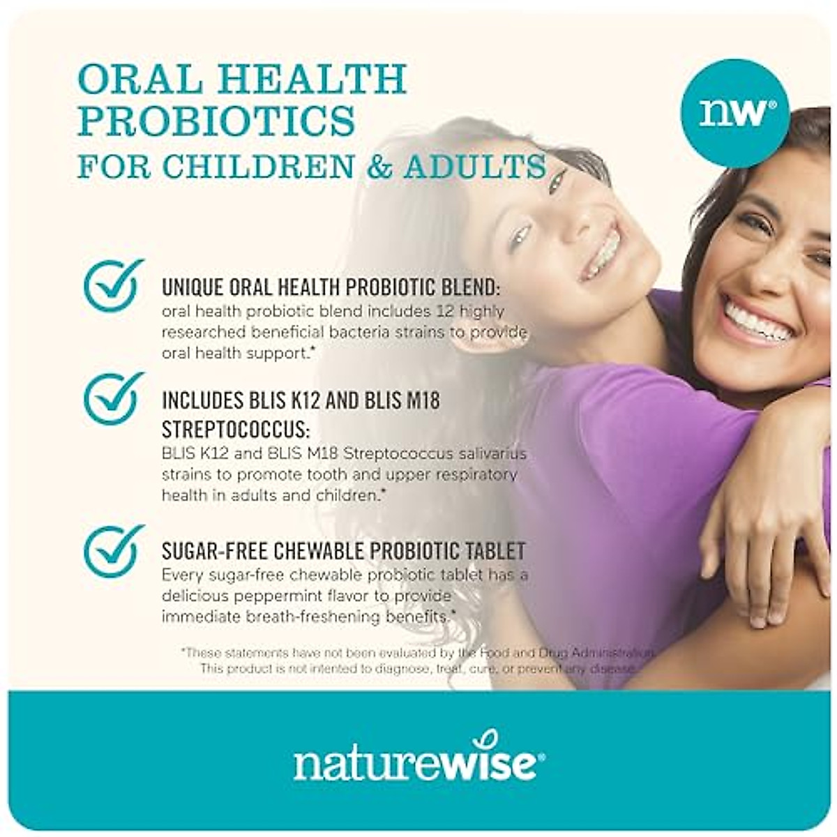 NatureWise Oral Probiotics for Teeth & Gums & Fresh Breath* - Chewable Sugar-Free Mint Tablet - Dental Support for Kids & Adults w/ BLIS K12 & M18 - Non-GMO - 50 Count[50-Day Supply]