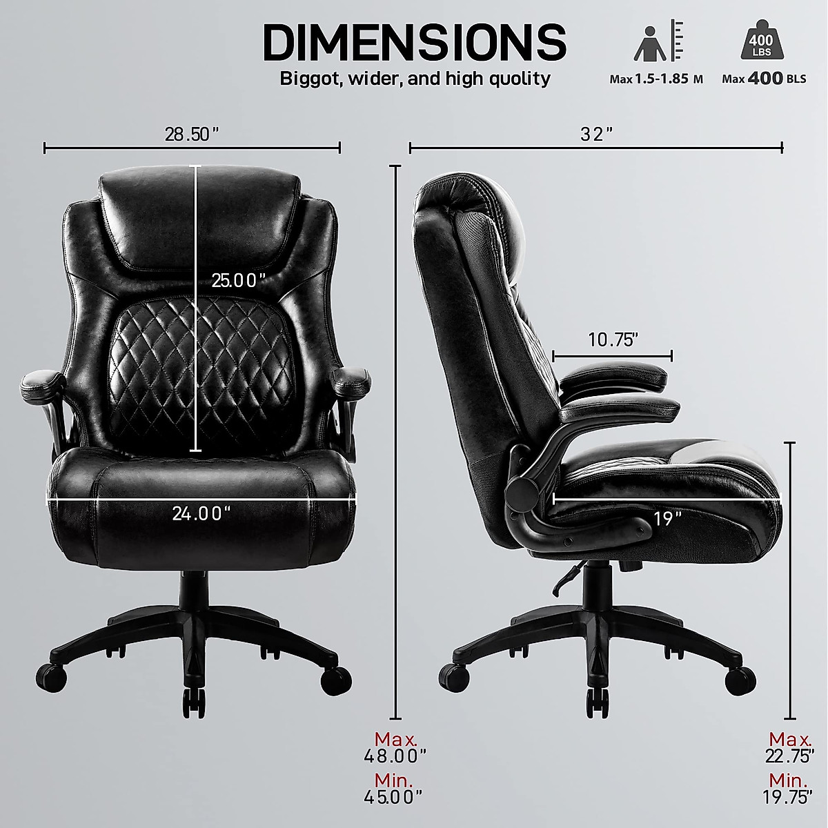 YI DANICA High Back Big & Tall 400lb Office Chair - Heavy Duty Metal Base, Adjustable Tilt Angle Large Bonded Leather Ergonomic Executive Computer Swivel Chairs