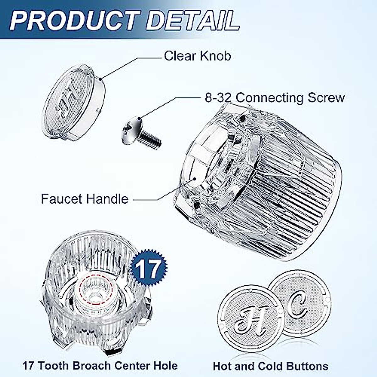 Dreyoo Shower Knob Replacement Compatible with Phoenix Mobile Home Sink &Tub/Shower, Acrylic Bathtub Knobs Parts Clear Faucet Handles with 17pt Spline Point Broach Center Hole(1 Pair)