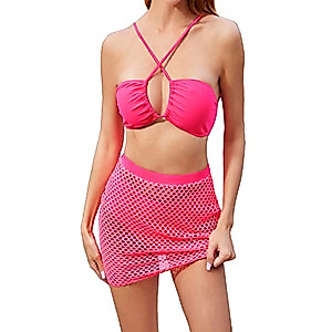 MakeMeChic Women's 3 Piece Swimsuit Criss Cross Halter Bikini Set Bathing Suit and Drawstring Beach Skirt Watermelon Pink M
