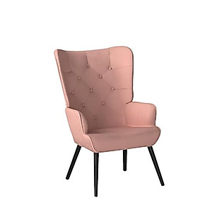 Dolonm Velvet Accent Chair Modern Tufted Button Wingback Vanity Chair with Arms Upholstered Tall Back Desk Chair with Solid Wood Legs for Living Room Bedroom Waiting Room(Dusty Pink)