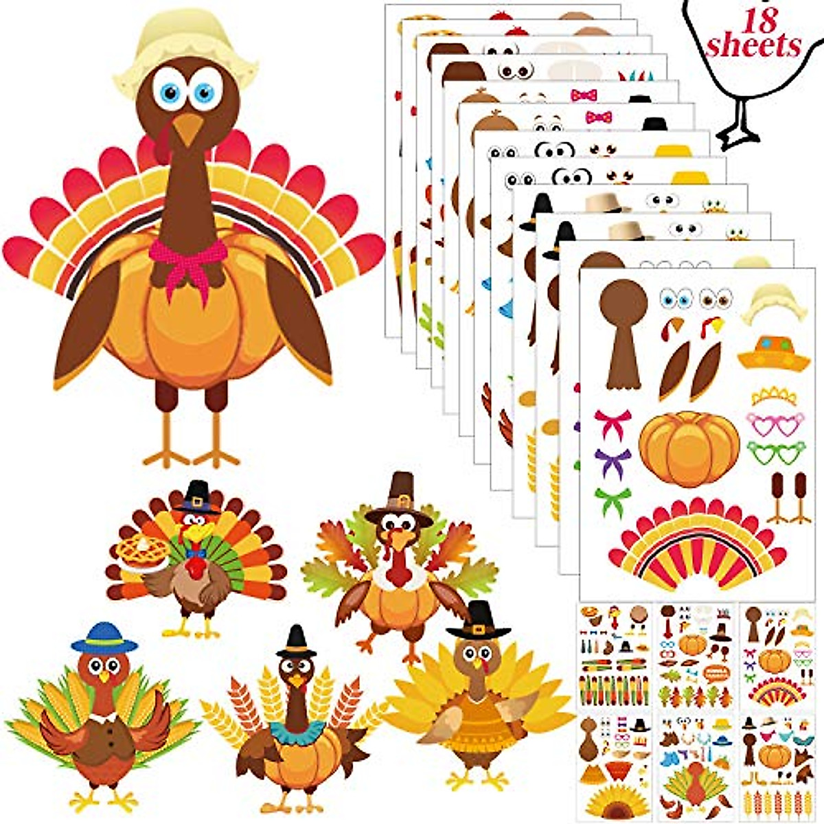 417 Pieces Make-A-Turkey Stickers Thanksgiving Stickers Party Game DIY Stickers for Kids Thanksgiving Autumn Fall Harvest Party Favors
