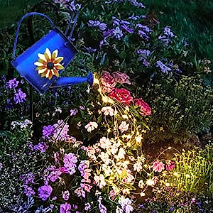 Blue Solar Watering Can with Light,Solar Powered Waterfall Lights 1 Pack 60 LED(Includes Shepherd Hook) for Garden,Yard, Path, Christmas Holiday Decoration