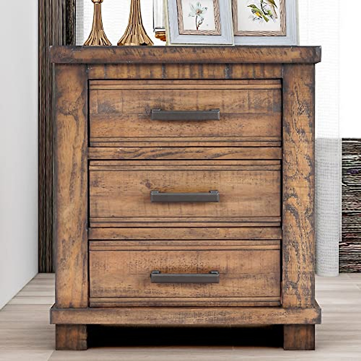 Knocbel Rustic Nightstand with 3 Drawers, Reclaimed Solid Pine Wood Farmhouse Night Stands Sofa End Table with Removable Hardware, 24" L x 17" W x 25.6" H, Natural Color Nightstand