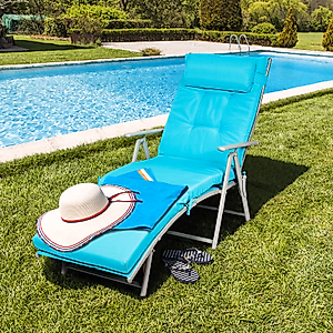 Giantex Chaise Lounge Chair for Outside, Pool Folding Reclining Beach Chair W/Removable Cushion&Headrest Pillow, Outdoor Lounge Chaise w/ 7 Backrest Positions, Portable Patio Lounger (1, Turquoise)