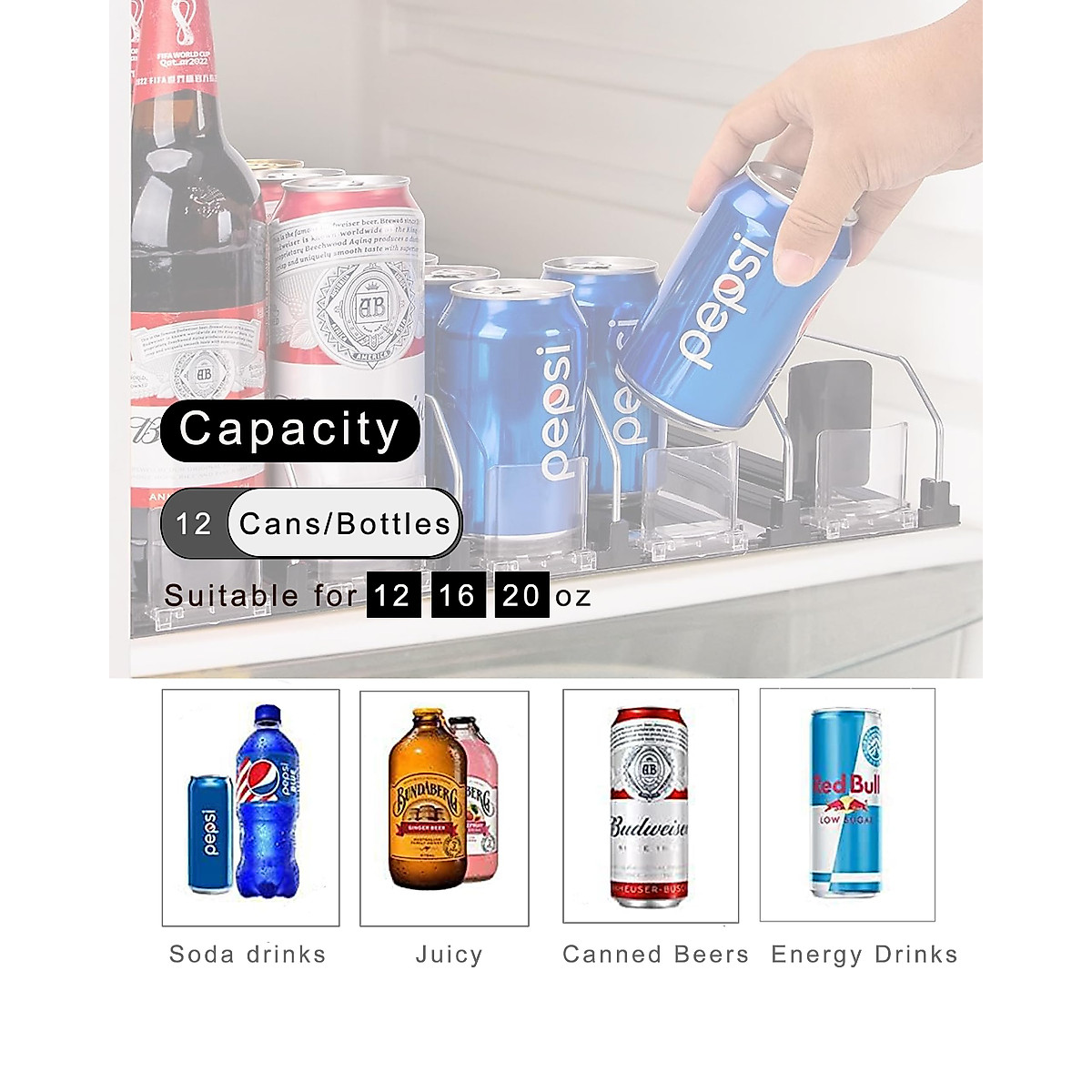 Drink Organizer for Fridge, Soda Can Beverage Dispenser Display Self- Pusher Glide Fridge Organizers - Holds Up to 12 Cans (310mm, White- baffle)