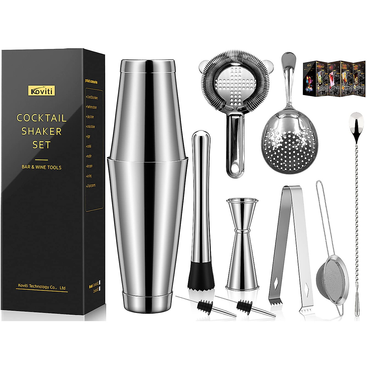 Cocktail Shaker - Koviti 12 Piece Bartender Kit - Stainless Steel Cocktail Shaker Set, Premium Bar Tools : Martini Shaker, Muddler, Jigger, Mixing Spoon, Strainers, Ice Tong, Liquor Pourers