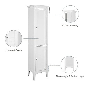 Elegant Home Fashions Glancy Linen Tower Freestanding Cabinet Tall Narrow Bathroom Kitchen Living Room Storage with 2 Shutter Doors 5 Tier Shelves, White, Standard