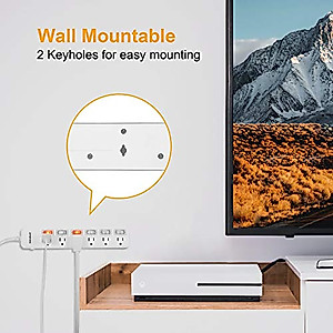 Suraielec Power Strip Individual Switches, 8 FT Long Flat Plug Extension Cord, 6 Outlet Surge Protector with On Off Switches for Each Outlet, 15 AMP Safety Circuit Breaker, Wall Mountable