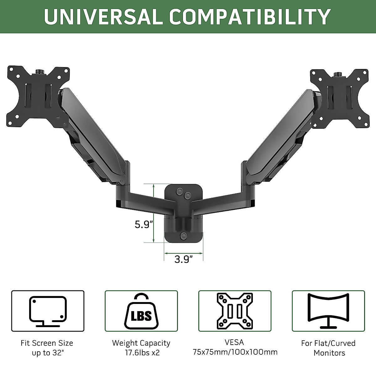 UPGRAVITY Dual Monitor Wall Mount, Double Monitor Wall Stand for Two 17-32 inch Flat/Curved Computer Screens, Height Adjustable Gas Spring Monitor Wall Monitor, Hold Up to 17.6lbs, VESA 75/100