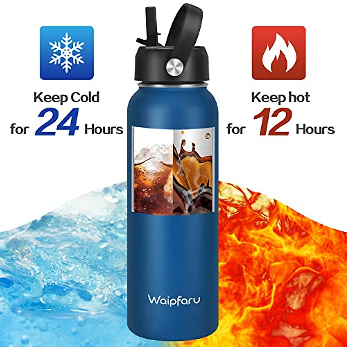 Waipfaru Insulated Water Bottle 40oz, Stainless Steel Water Bottles with Straw Lid, Metal Sports Water Bottle Keep Cold & Hot, Double Wall Vacuum Wide Mouth Sweat-proof for Sports Travel, Navy Blue