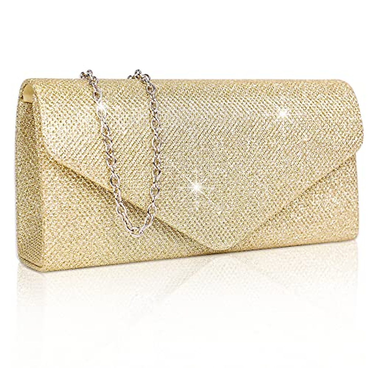 Larcenciel Gold Clutch Purses for Women, Sparkly Sequin Envelope Clutch Evening Bag w/Chain, Gorgeous Shoulder Crossbody Handbags, Shiny Party Prom Purse Bride Wedding Guest Clutch Dress Carry on Bag