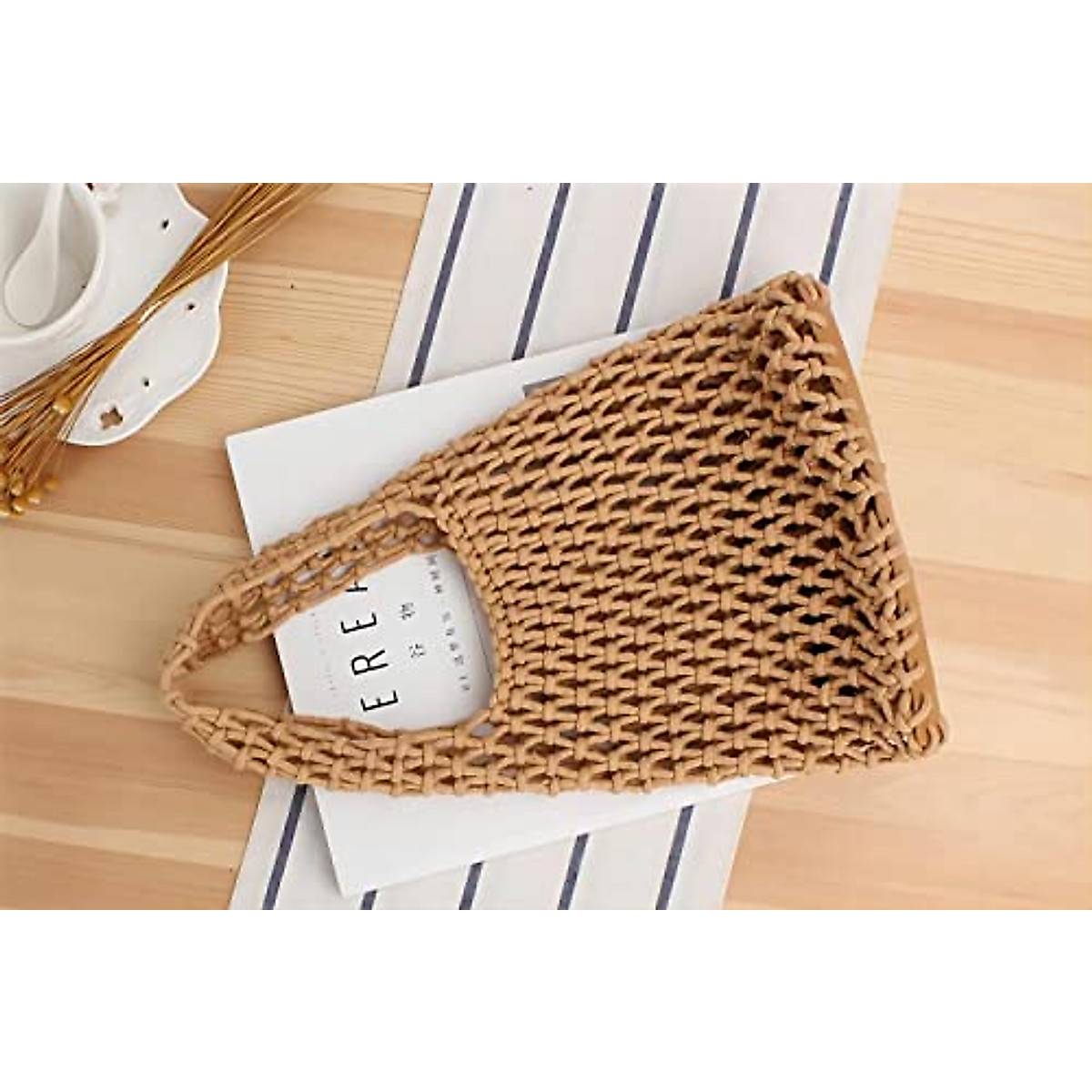 Cotton Rope Travel Beach Bag Handmade Woven Fishing Net Handbag Summer Weave Tote for Women Girls