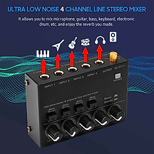 Btuty Ultra Low Noise 4 Channel Line Stereo Mixer 4 Input 1 Output DC 5V Portable Mini Audio Mixer Microphone Guitar Bass Keyboard Mixers for Club Bar Stage Studio