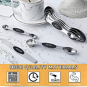 FGSAEOR Magnetic Measuring Spoons Set, Dual Sided, Stainless Steel, Fits in Spice Jars, Black, Set of 8