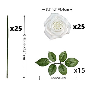 DSforG 25PCS White Flowers Silk Rose Artificial Flowers Real Touch Fake Rose w/Stem Faux Flowers Gift Box for Weddings Parties Floral Arrangements Arrangements Party Tables Decorations