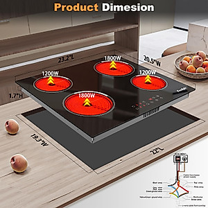 Cooksir Electric Cooktop 24 Inch, 4 Burner Electric Stove Top Drop-in 220V-240V, 24 Inch large Ceramic Stovetop with Ceramic Glass, Timer, Kids Safety Lock, 9 Heating Level, 220V Hard Wired (No Plug)