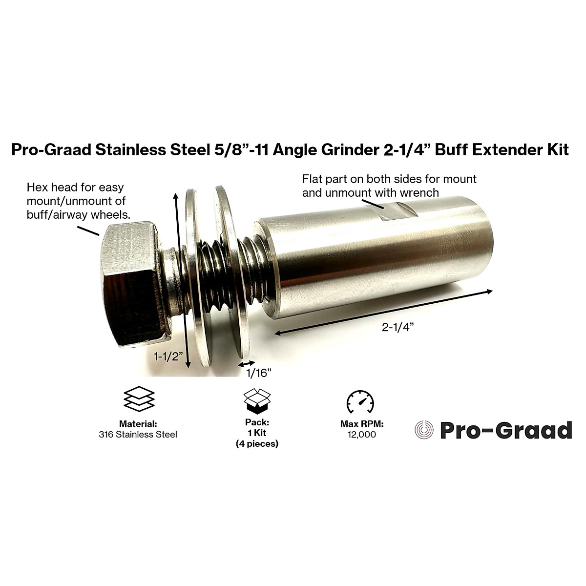 Pro-Graad Stainless Steel 5/8”-11 Angle Grinder Buff Extender Kit, Airway Buffing Polishing Wheel 2-1/4” Extension Shaft, Threaded Arbor Extension Adapter, for Angle Grinders