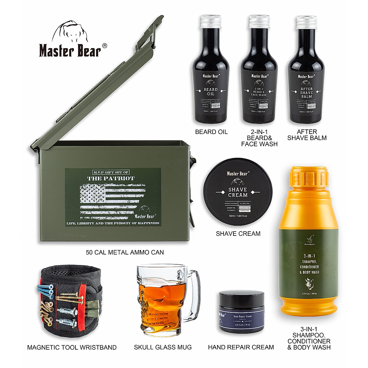 Gift for Men | 50 Cal Metal Ammo Cans Gift Box Shaving Grooming Set Collection for Him | Fathers Day Holiday Christmas Gift Ideas with Glass Skull Beer Mug, Magnetic Wristband, Hand Cream, Body Wash