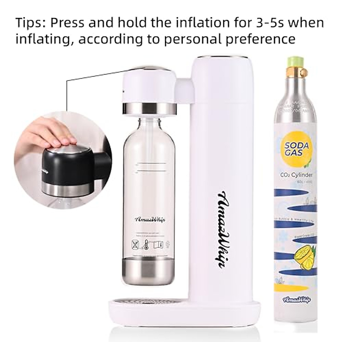 AmazWhip sparkling water maker, paired with CO2 gas canisters and 1L water bottles for Household soda water (White+ 2 canisters)